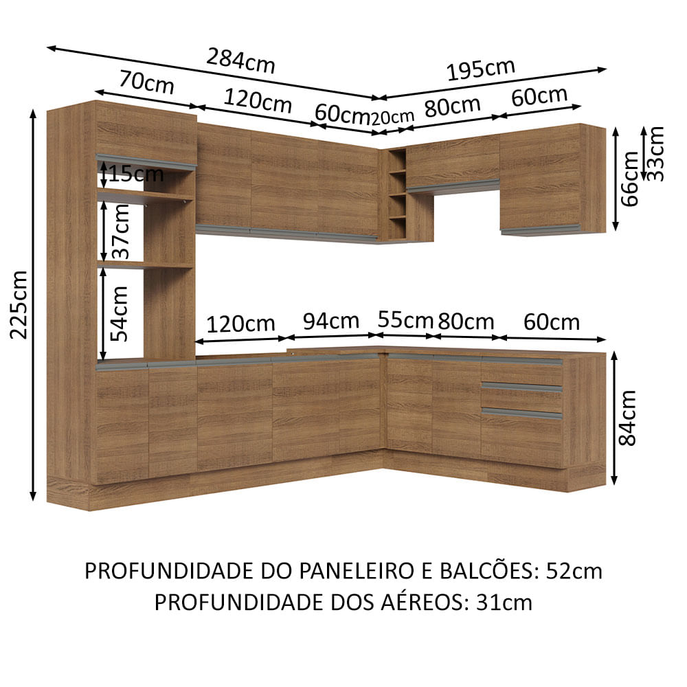 Armário de Cozinha Completa de Canto 479cm Rustic Glamy Madesa 01 ...