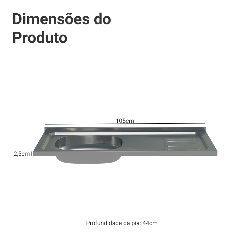 Pia de Aço Inoxidável 105 x 44 cm para Cozinhas Emilly e Gourmet Madesa ...